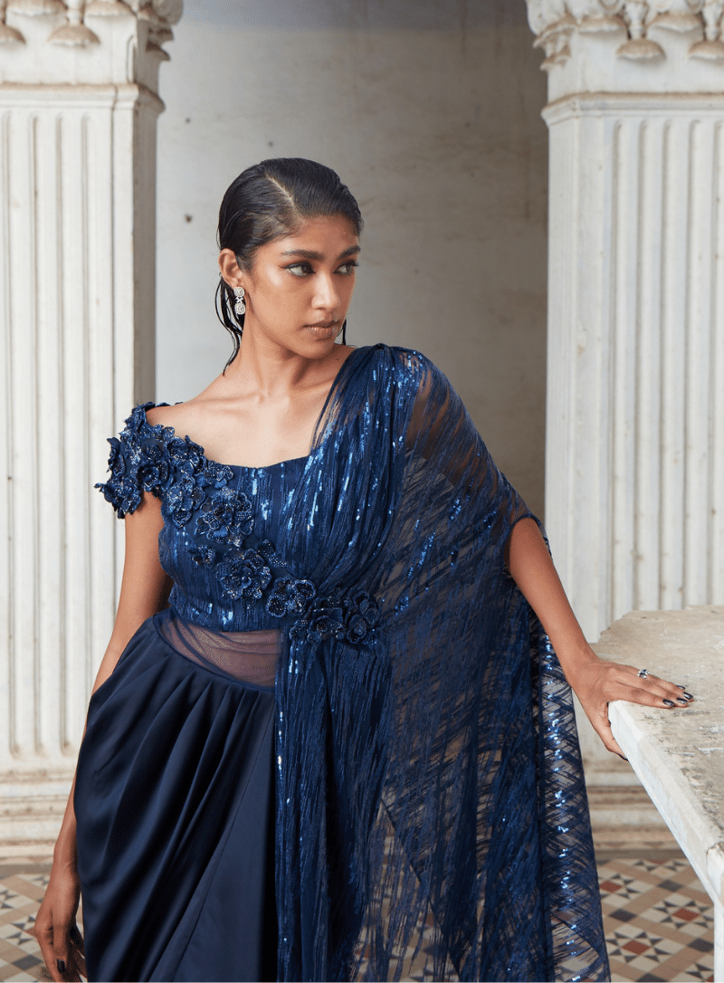 Falling Cape Drape Palla Saree – Kamaali Couture - New Collection Now Live
